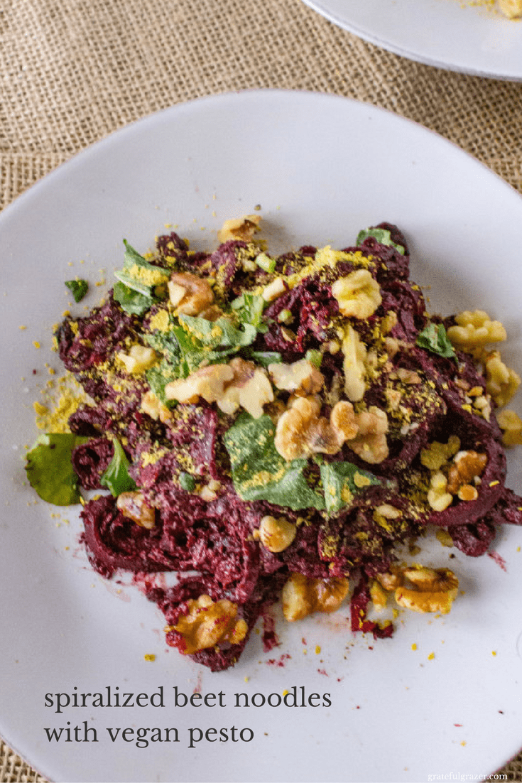 These spiralized beet noodles are served with a homemade pesto sauce ...