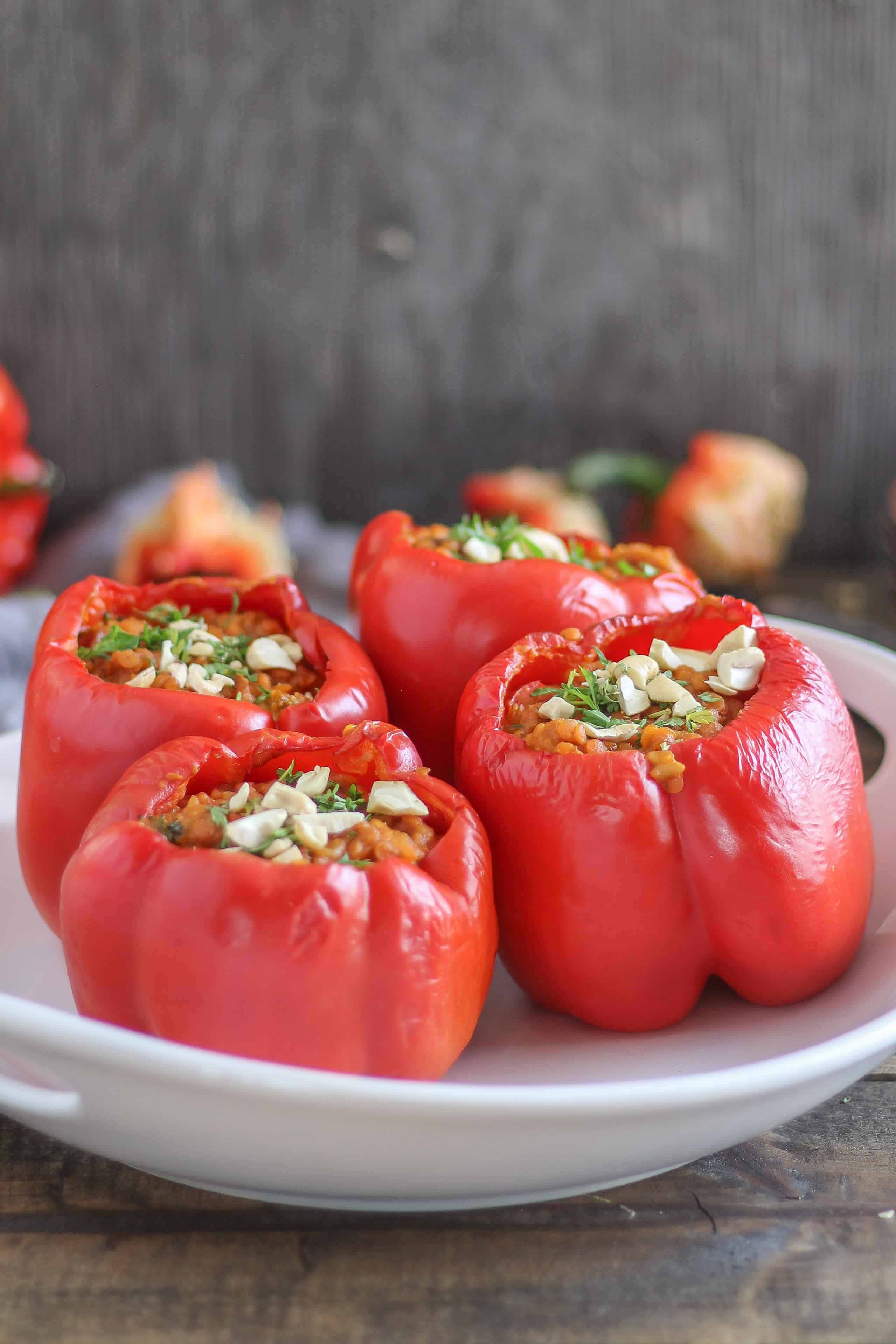 Vegetarian Curry Stuffed Peppers with Lentils - Grateful Grazer