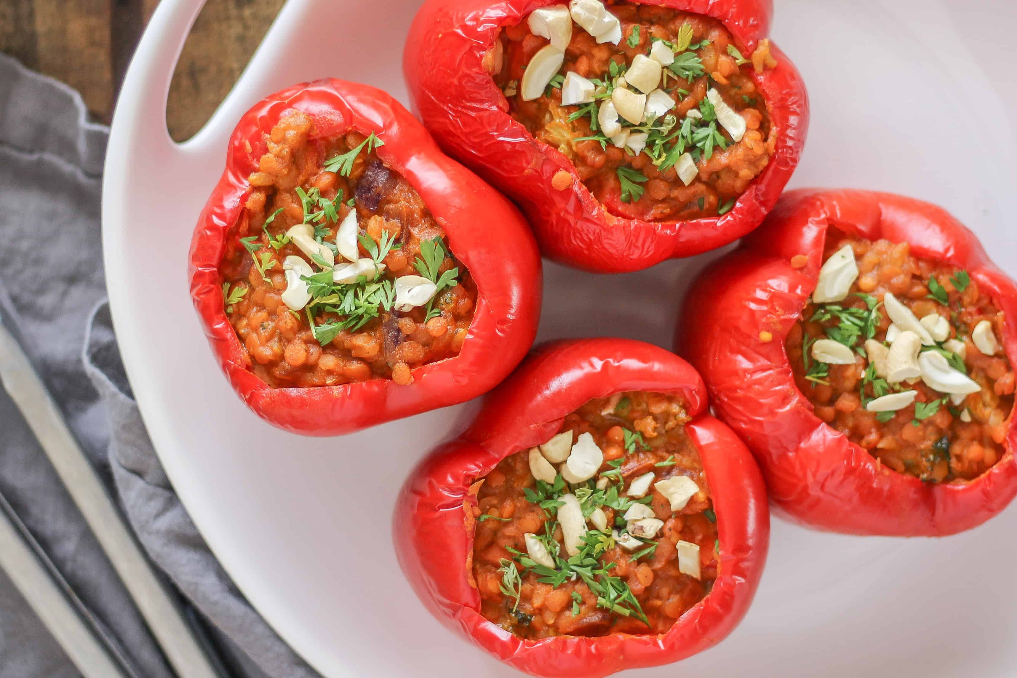 Vegetarian Curry Stuffed Peppers with Lentils - Grateful Grazer