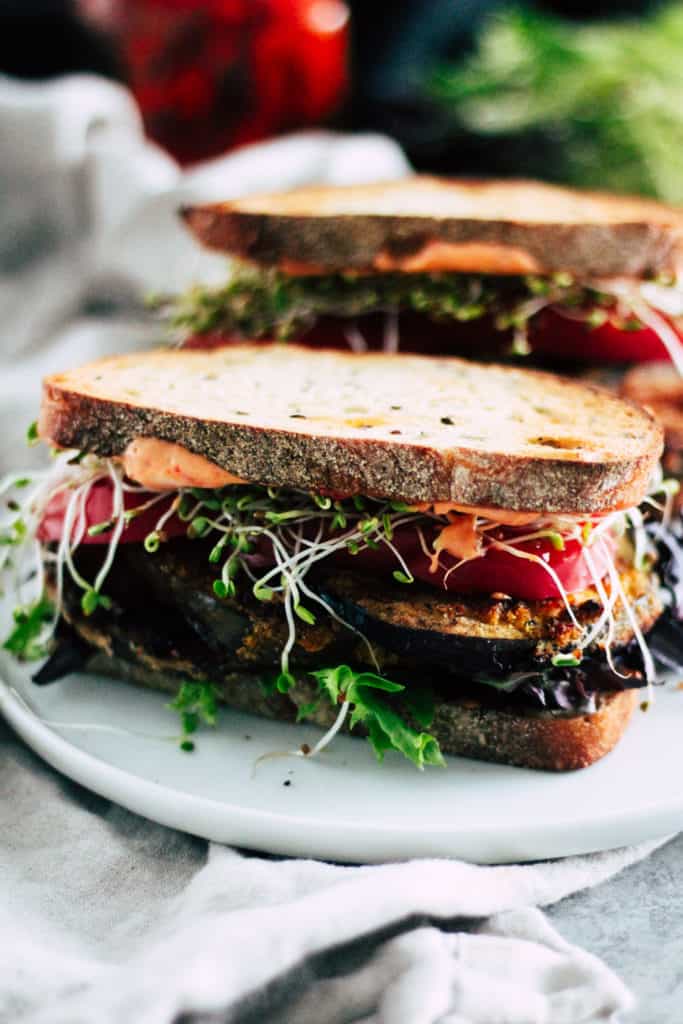 Vegetarian Eggplant BLT Sandwich with Harissa Mayo