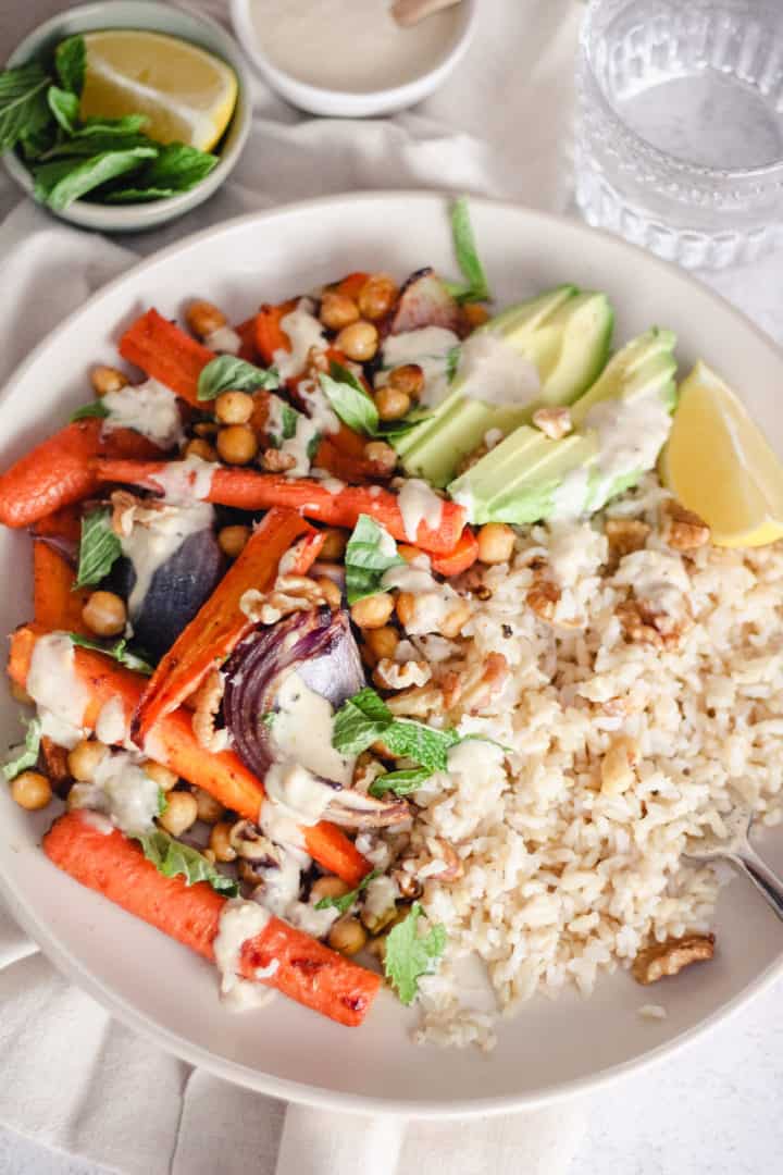 Vegetarian Rice Bowls with Roasted Carrots and Chickpeas - Grateful Grazer