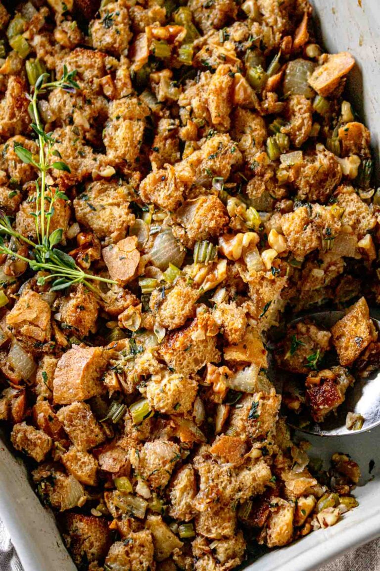 Vegetarian Herb Stuffing with Brown Butter and Walnuts - Grateful Grazer